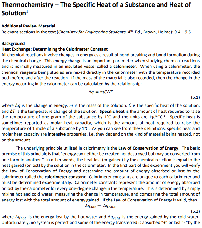 Solved Thermochemistry – The Specific Heat of a Substance | Chegg.com