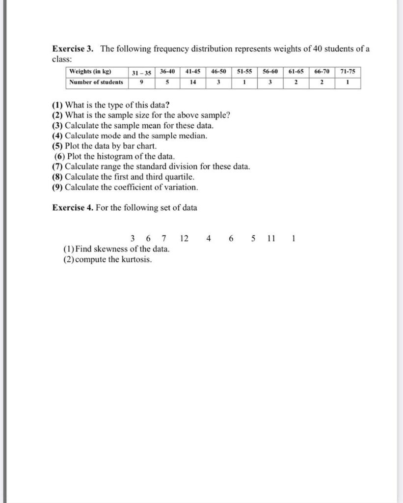 Exercise 3. The following frequency distribution | Chegg.com