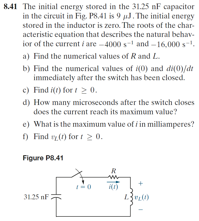Solved 8.41 ﻿The initial energy stored in the 31.25 ﻿nF | Chegg.com