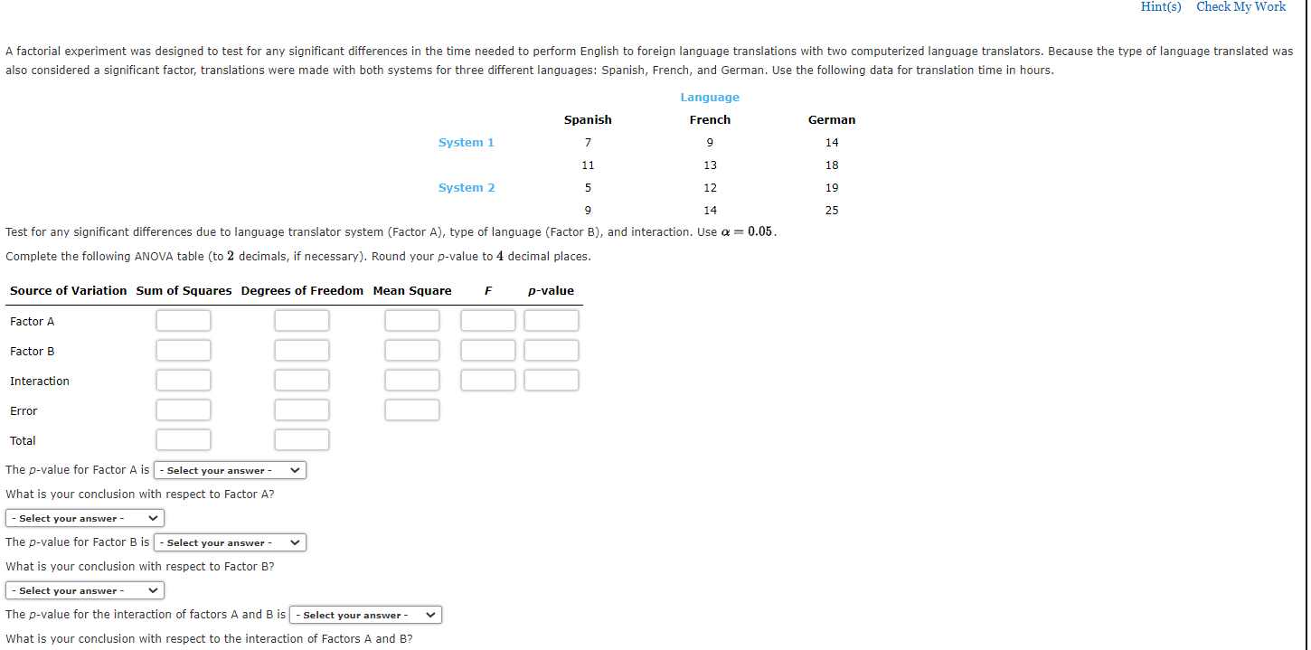 Solved Hint(s) Check My Work A factorial experiment was | Chegg.com