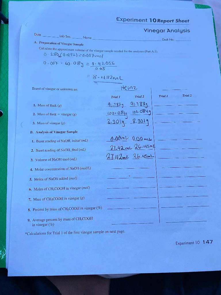 Solved A. Preparation of Vinegar Sample Calculate the | Chegg.com