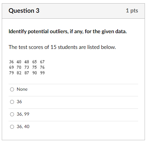 Solved Question 3 1 pts Identify potential outliers, if any, | Chegg.com