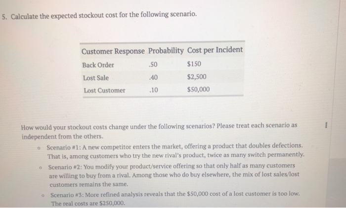 Solved Calculate the expected stockout cost for the | Chegg.com
