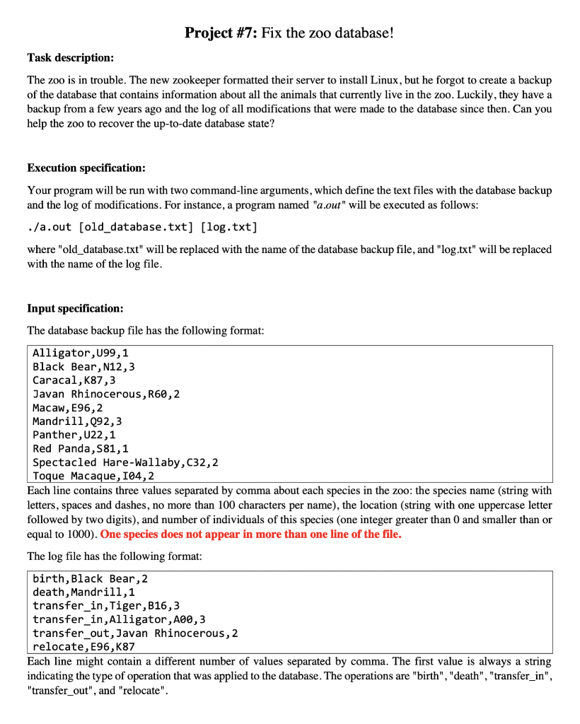 Project #7: Fix the zoo database! Task description: | Chegg.com
