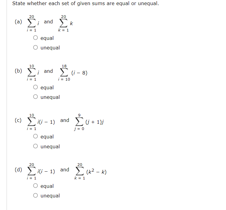Solved State whether each set of given sums are equal or | Chegg.com