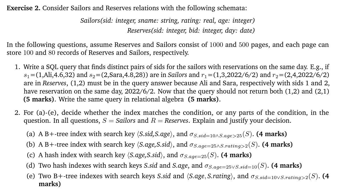 Solved Exercise 2. Consider Sailors and Reserves relations | Chegg.com