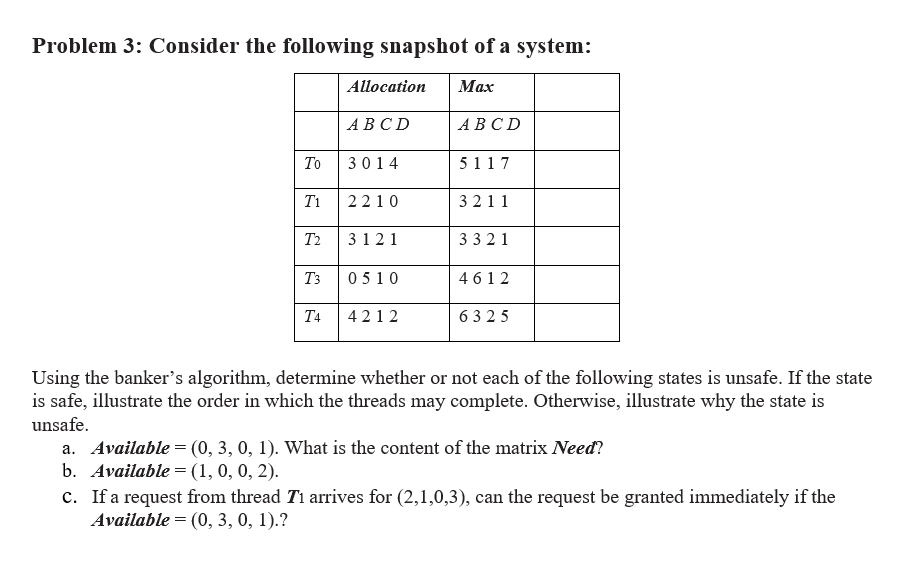 Solved Problem 3: Consider the following snapshot of a | Chegg.com