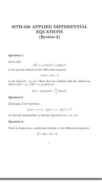 Solved MTH-238 APPLIED DIFFERENTIAL EQUATIONS (Review-2) | Chegg.com