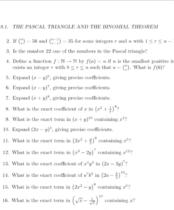 Solved 9.1. THE PASCAL TRIANGLE AND THE BINOMIAL THEOREM 2. | Chegg.com