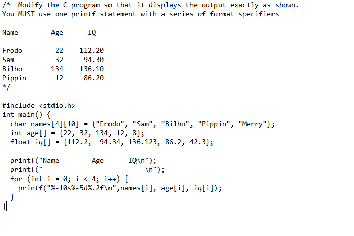 Solved /* Modify the C program so that it displays the | Chegg.com