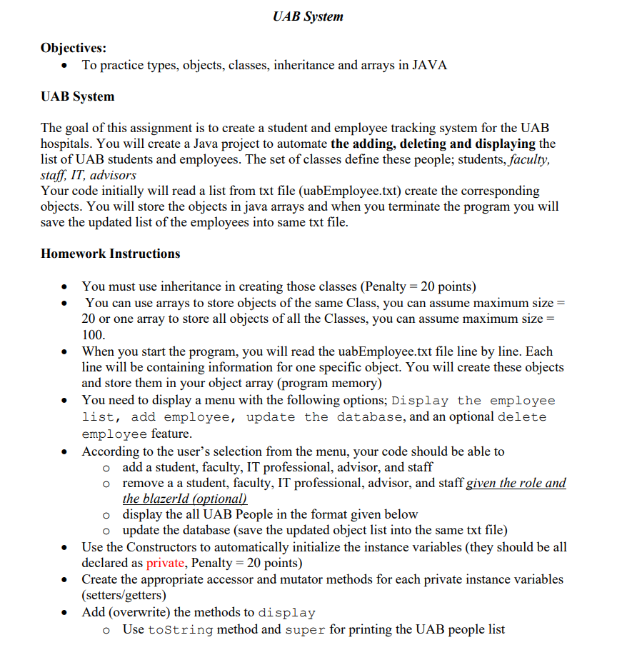 Solved UAB System Objectives: - To practice types, objects, | Chegg.com