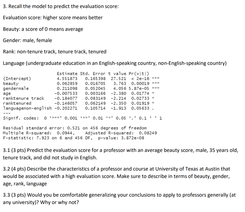3. Recall the model to predict the evaluation score: | Chegg.com