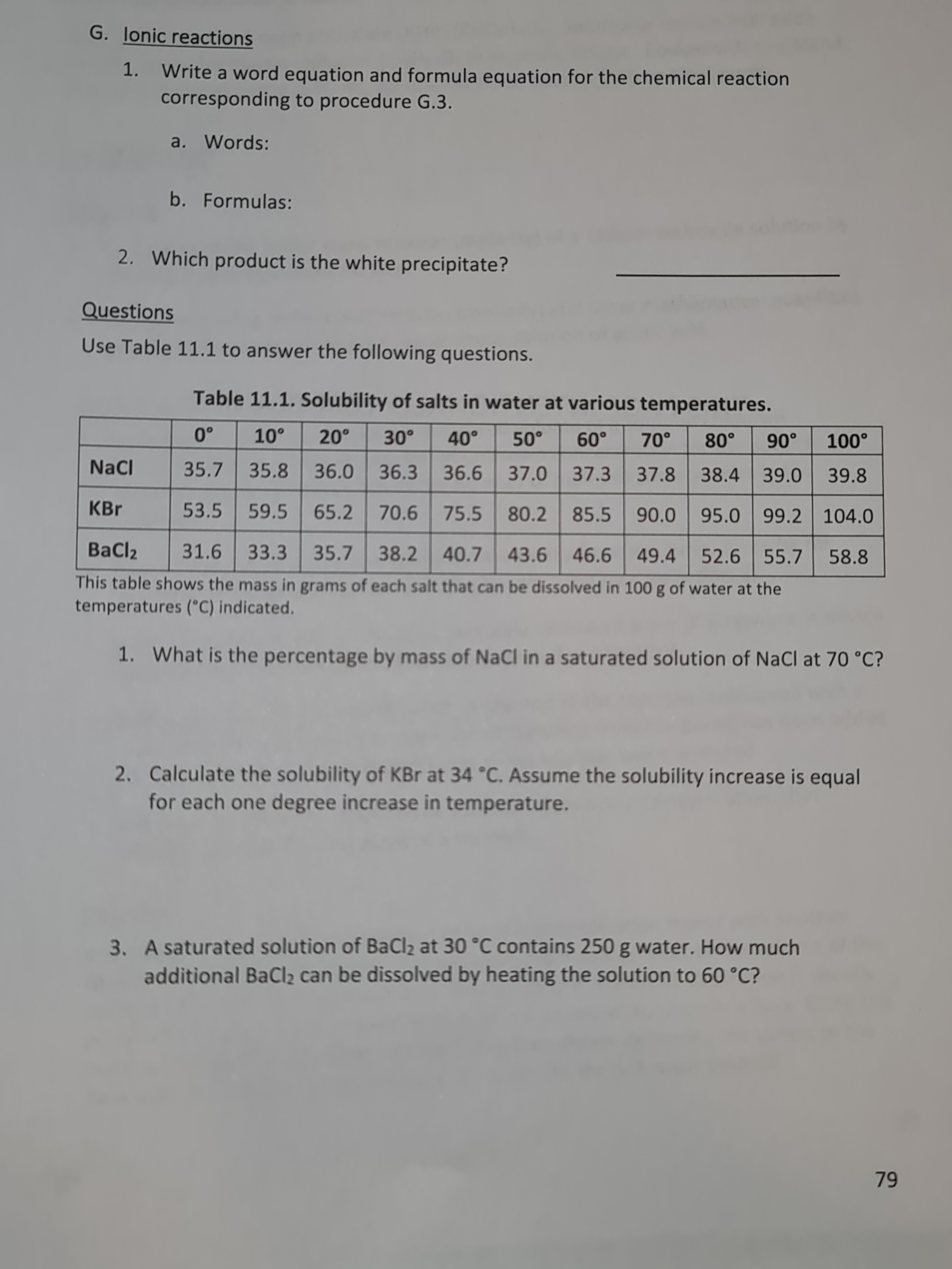 Solved G. Ionic reactions 1. Write a word equation and | Chegg.com