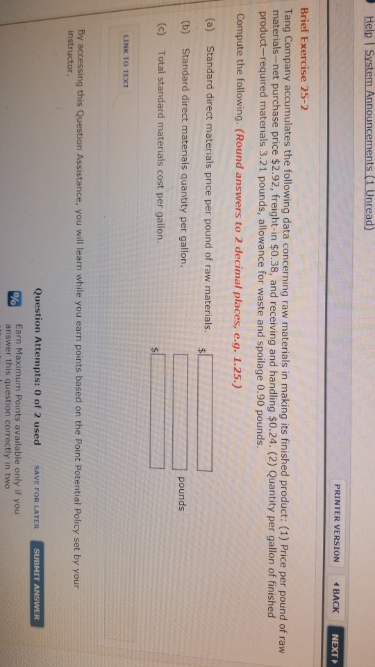 Solved Help System Announcements (1 Unread) PRINTER VERSION | Chegg.com