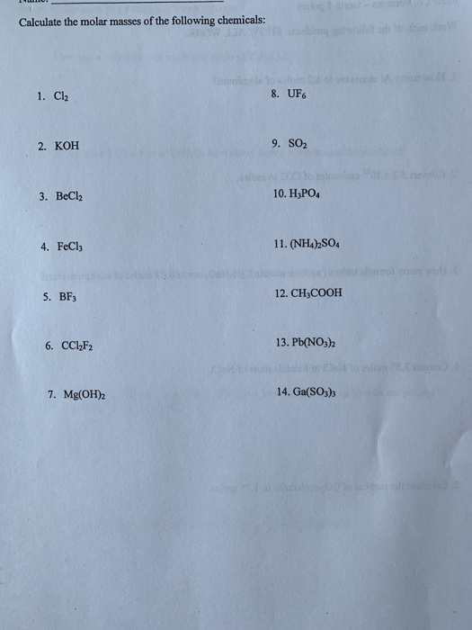 Solved Calculate the molar masses of the following | Chegg.com