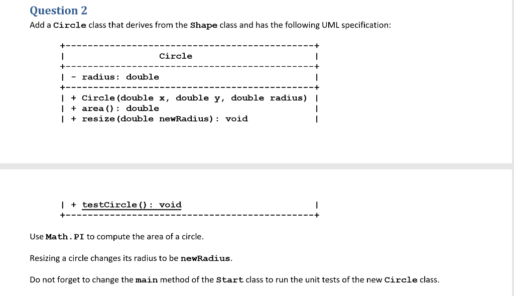 Solved Question 1 Create a Shape class with the following | Chegg.com