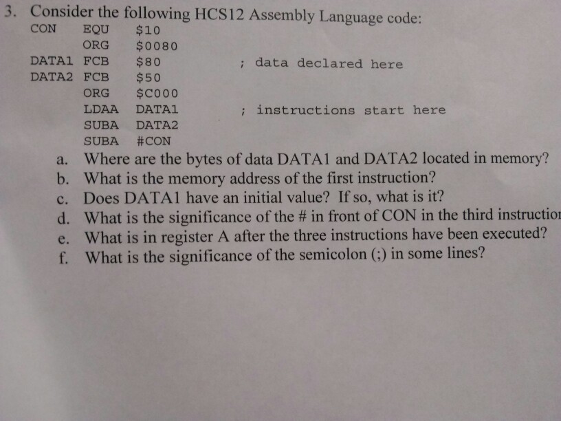 Solved 3. Consider the following HCS12 Assembly Language | Chegg.com