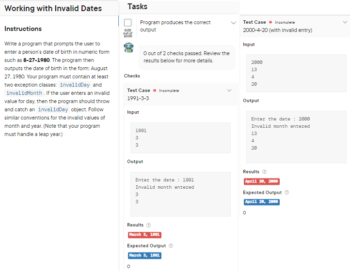 Solved Working with Invalid Dates Tasks Test Case - | Chegg.com