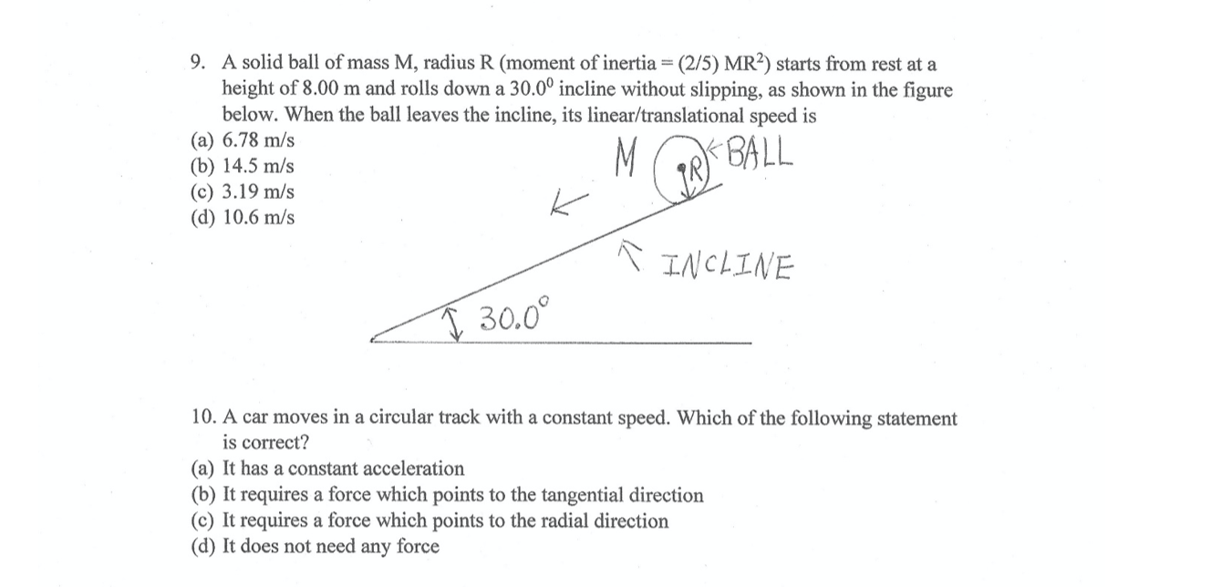 Solved 22° 9. A solid ball of mass M, radius R (moment of | Chegg.com
