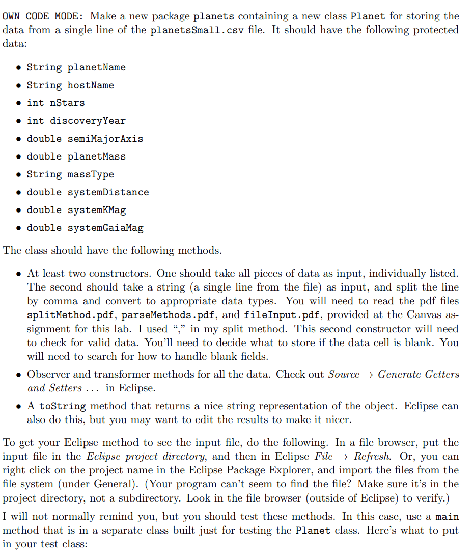 Solved OWN CODE MODE: Make a new package planets containing | Chegg.com