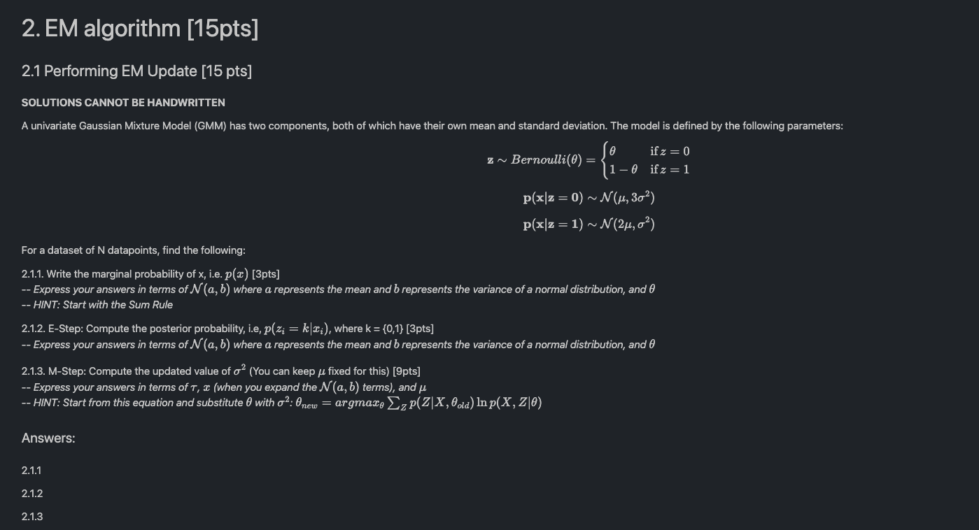 2. EM algorithm [15pts] 2.1 Performing EM Update [15 | Chegg.com