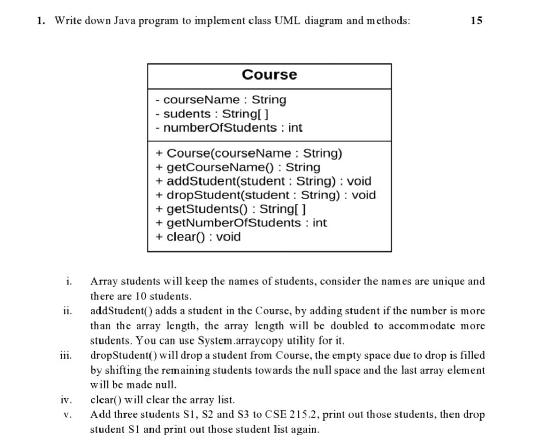Solved 1. Write down Java program to implement class UML | Chegg.com