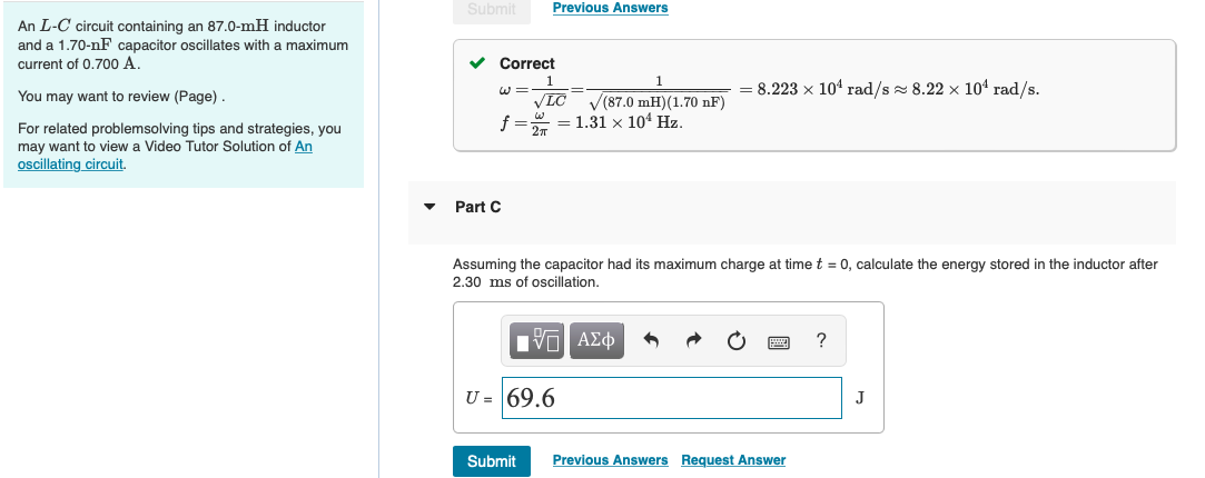Solved An L−c Circuit Containing An 87 0−mh Inductor And A