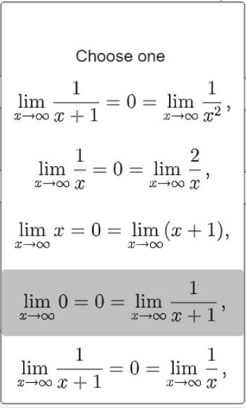 Solved Choose one limx→∞x+11=0=limx→∞x21 limx→∞x1=0=limx→∞x2 | Chegg.com
