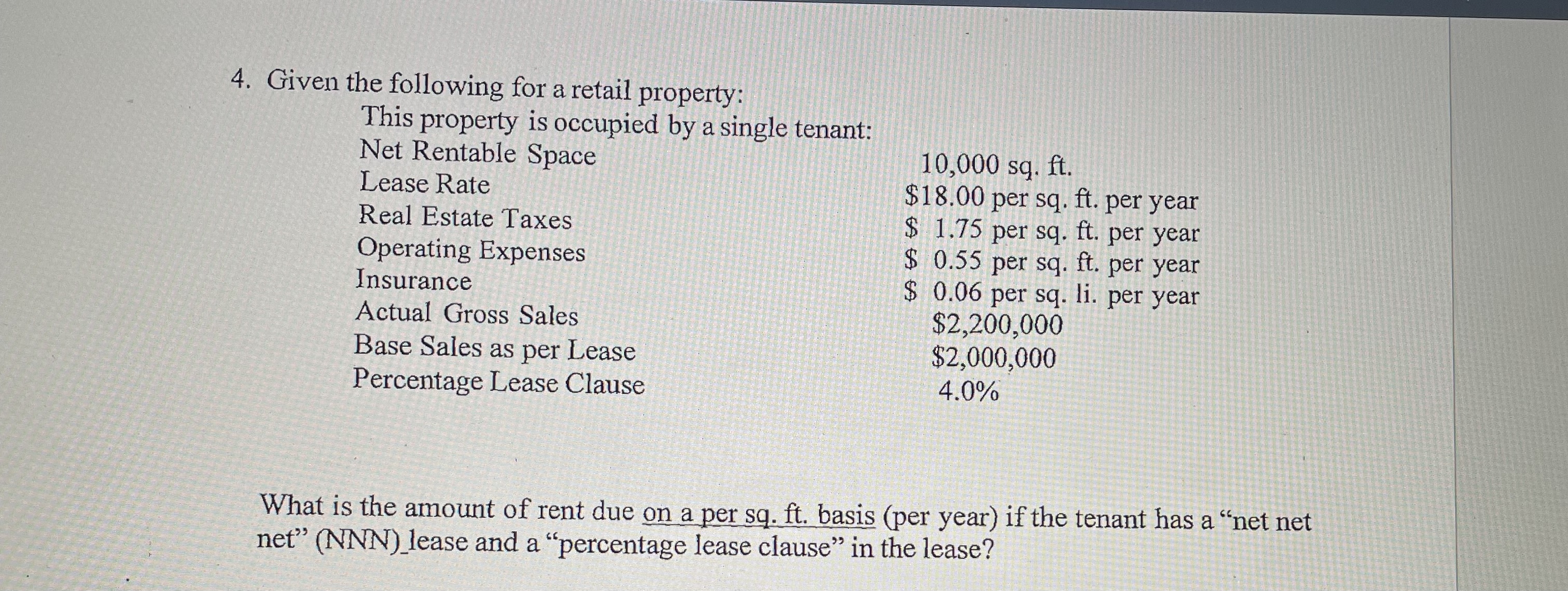 Solved What is the amount of rent due on a per sq. ft. basis | Chegg.com
