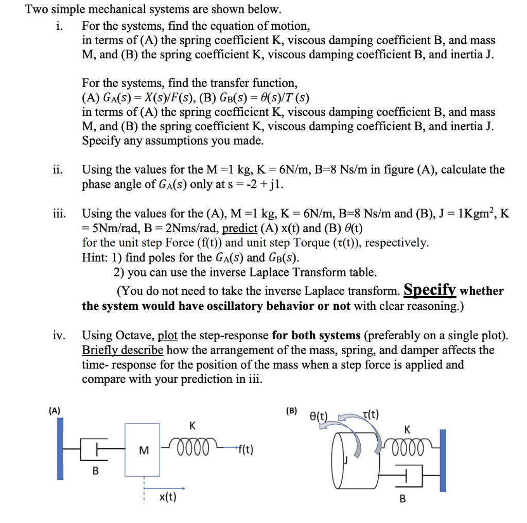 Solved Two simple mechanical systems are shown below. i. For | Chegg.com