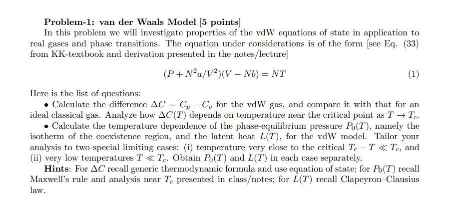 Problem-1: van der Waals Model (5 points) In this | Chegg.com