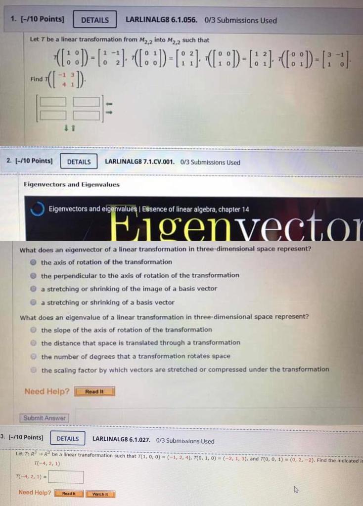Solved 1. [-/10 Points] DETAILS LARLINALG8 6.1.056. 0/3 | Chegg.com