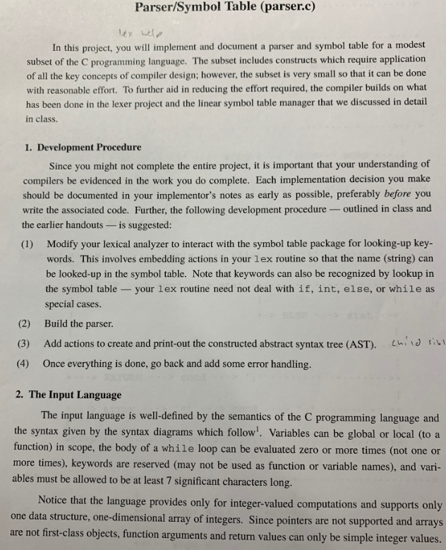 Parser/Symbol Table (parser.c) In this project, you | Chegg.com