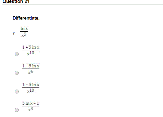 Solved Question 21 Differentiate. Inx x5 1 5 nx x10 1 5 n x | Chegg.com