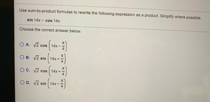 Solved Use sum-to-product formulas to rewrite the following | Chegg.com