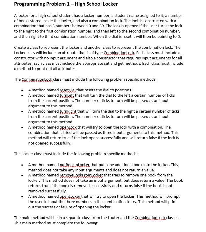 Programming Problem 1 - High School Locker A locker | Chegg.com