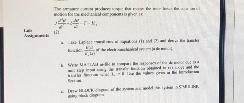 Solved Lab Assignments The armature current produces torque | Chegg.com