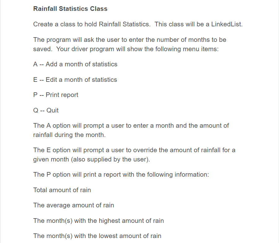 Solved Rainfall Statistics Class Create a class to hold | Chegg.com