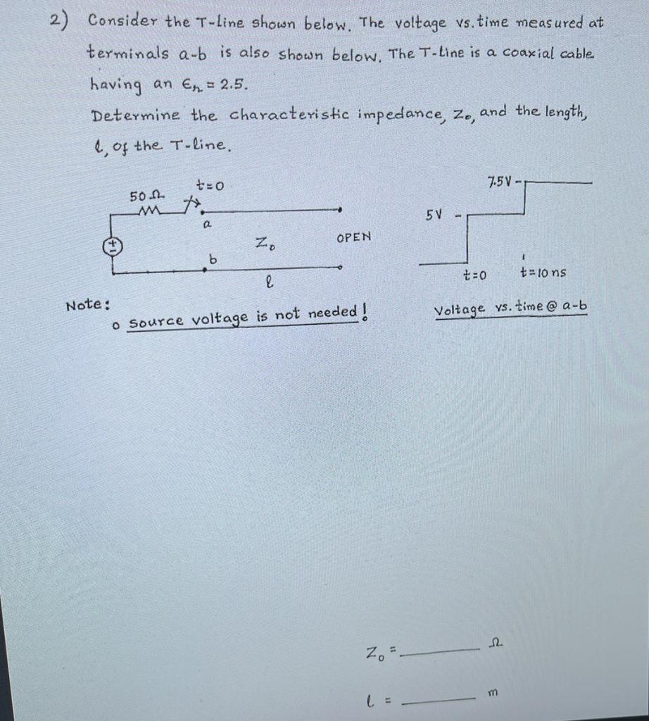 Solved 2) Consider the T-line shown below. The voltage vs. | Chegg.com