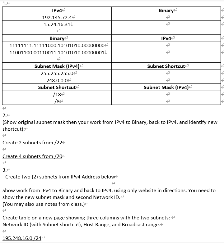 Solved 1. Binary IPv4 192.145.72.4 15.24.16.31 IPv4 Binary | Chegg.com