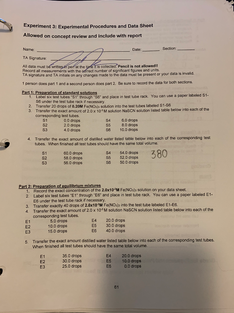 Experiment 3: Experimental Procedures and Data Sheet | Chegg.com