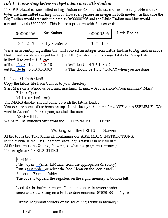 Solved Lab 1: Converting between Big-Endian and | Chegg.com