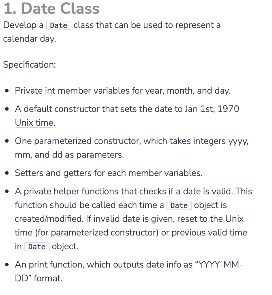 Solved 1. Date Class Develop a Date class that can be used | Chegg.com