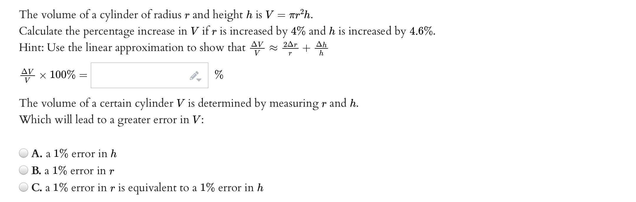 Solved r . The volume of a cylinder of radius r and height h | Chegg.com