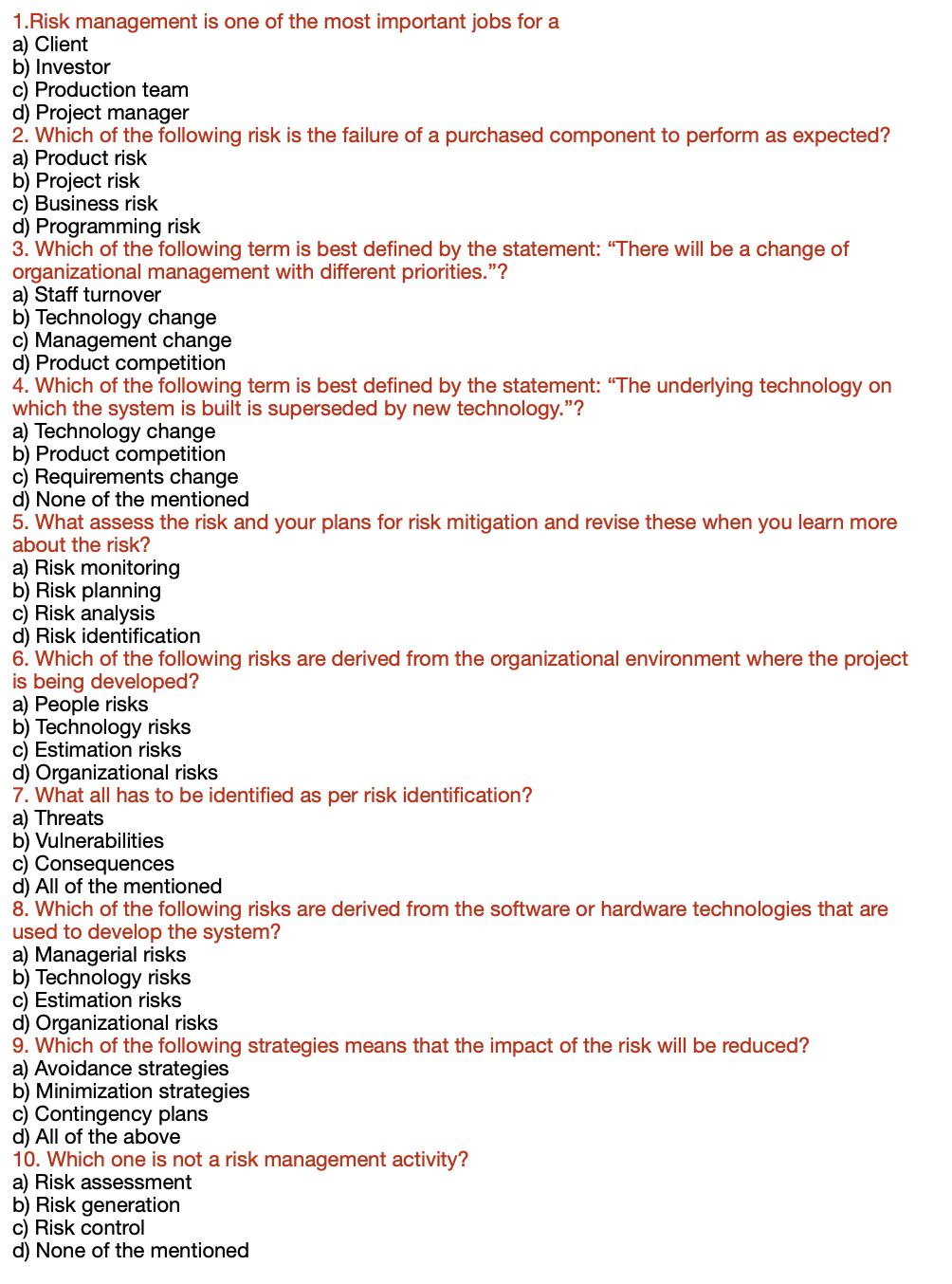 Solved 1.Risk management is one of the most important jobs | Chegg.com