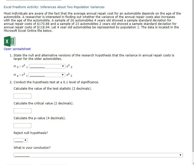 Solved Excel Freeform Activity: Inferences About Two | Chegg.com
