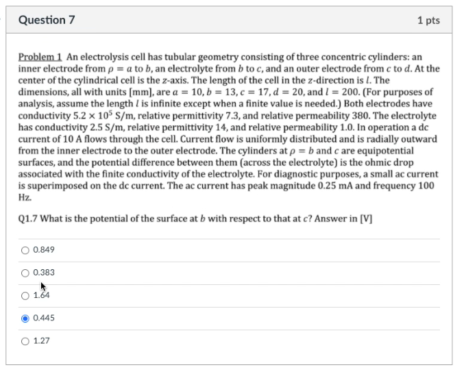 Solved Question 7 1 pts Problem 1 An electrolysis cell has | Chegg.com
