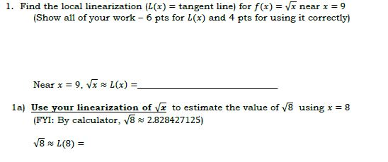 Solved 1. Find the local linearization (L(x) = tangent line) | Chegg.com