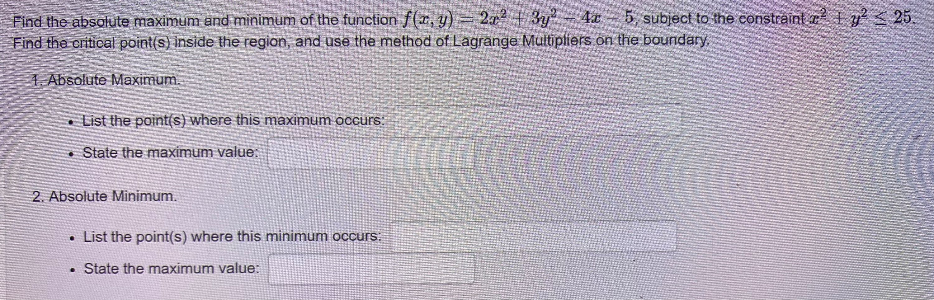 Solved Find the absolute maximum and minimum of the function | Chegg.com