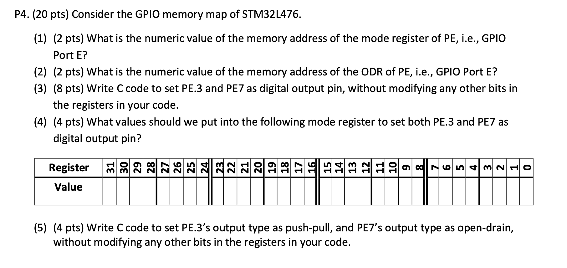 P4. (20 pts) Consider the GPIO memory map of | Chegg.com